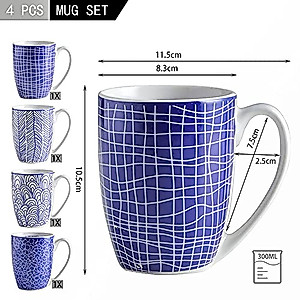 vancasso Porcelain Coffee Mug Set, Takaki 300 ml/10.6 Ounce Coffee Tea Cup Set of 4, for Cappuccino/Latte/Tea, Blue