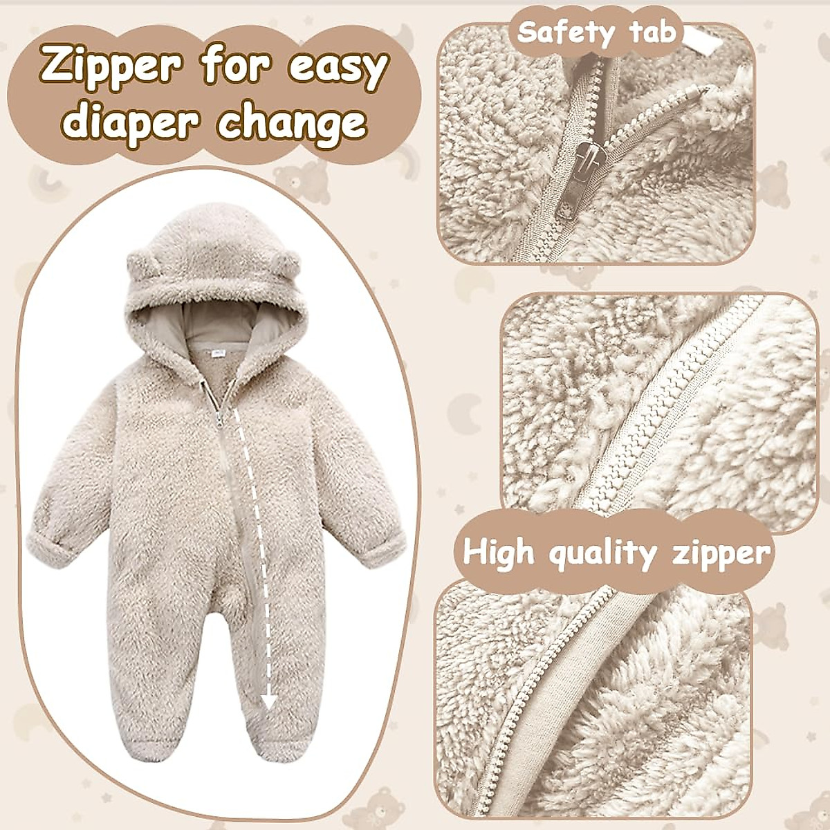 UVIPC Newborn Baby Fleece Footie Snowsuit Winter Onesie Cartoon Bear Warm Hooded Outfits for Girls Boys