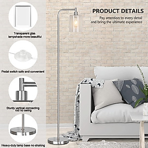 QiMH Industrial Floor Lamp for Living Room, Modern Standing Lamp with HD Glass Lampshade and Pedal Switch, 67” Tall Pole Light for Bedroom Study Room, Brushed Silver (2700K LED Bulb Included)
