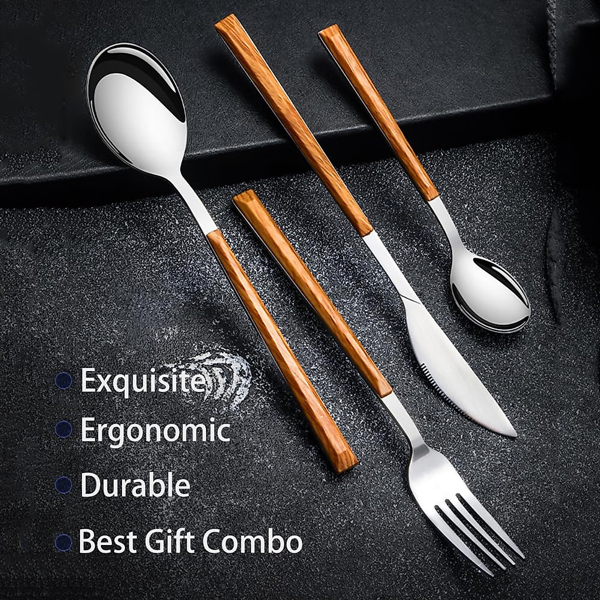 15-Pieces Silverware Set Wooden Handle Flatware Cutlery Set for 3 Forks And Spoons Utensil Sets Forks Silverware Home Essentials for New Home Ergonomic Durable Mirror Polished