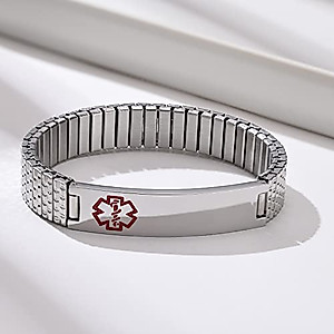 DIB Free Engraving Elastic Stretch Stainless Steel Medical Alert ID Bracelets for Women Men, Silver/Gold/Black