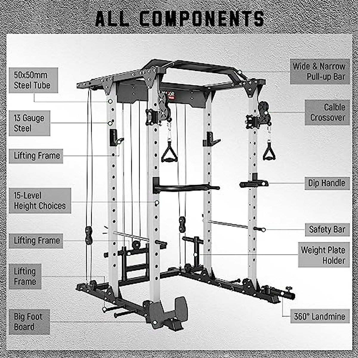 MAJOR LUTIE Power Cage with Weight Bench, 230LBS Competition Bumper Plates and Olympic Barbell, PLM03 Multi-Function Power Rack with Adjustable Cable Crossover System and Exercise Attachment White