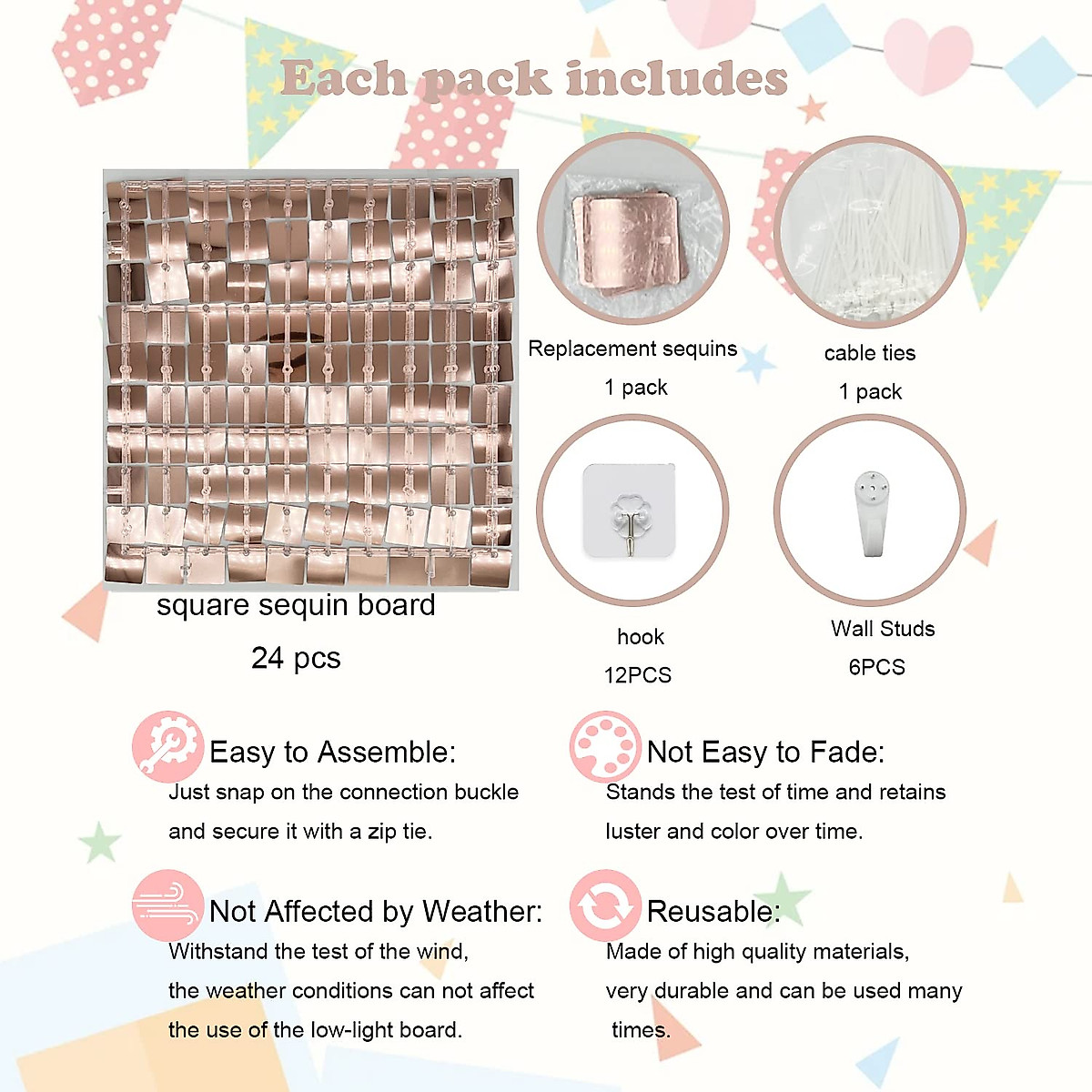 ZUOVAOV Shimmer Wall Backdrop Ppanels- 24 Pieces Square Panel DIY Party Backdrop for Birthday Party, Wedding, Bachelor Party, Halloween & Christmas Party and Other Party Events (Rose Gold)