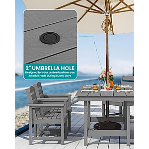 SERWALL Outdoor HDPE Dining Table Set, 7-Piece Outdoor Dining Table Sets with Umbrella Hole Cut-Out Table and 6 Chairs, Gray