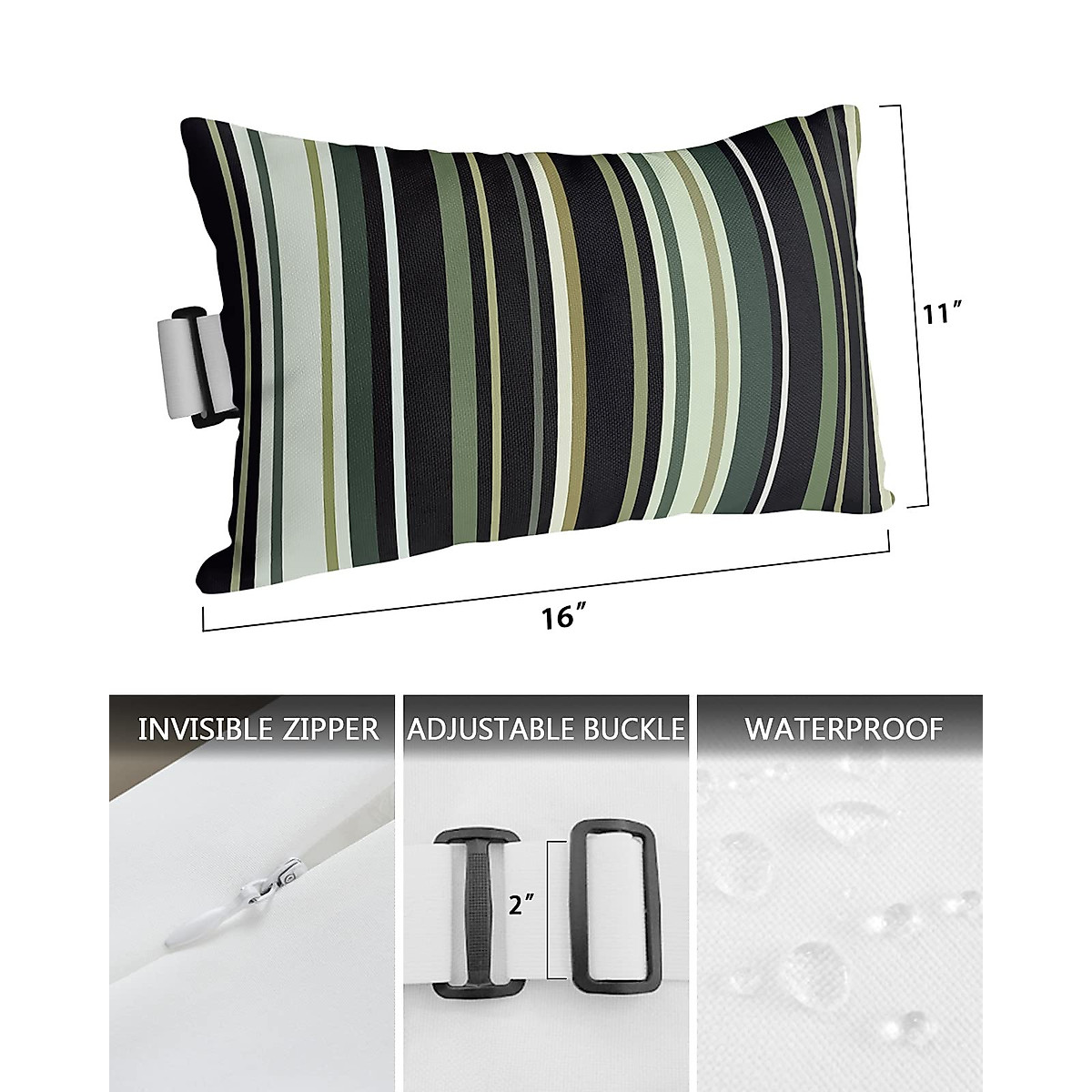 Chaise Lounge Head Resting Pillows, Black Green Stripe Outdoor Chaise Pillows, Waterproof Patio Furniture Pillows with Insert and Adjustable Elastic Stripe for Recliner Beach Chair