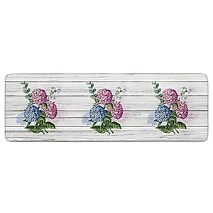 Welcome Doormat,Watercolor Hydrangea Flowers Wood Board Absorbent Non Slip Bath Rug,Spring Floral Art Washable Carpet for Kitchen Bathroom Front Door Entryway Decor 24x71In