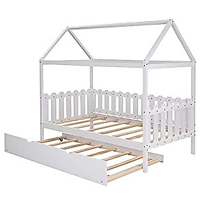 KLMM Low Daybed for Kids, Floor Bed with Trundle Bed, House Shape Wooden Bed Frame with Fence-Shaped Guardrail and Roof, Bedroom Furniture, Can be Decorated, Tent, Twin (White+Fence-Shaped Guardrail)