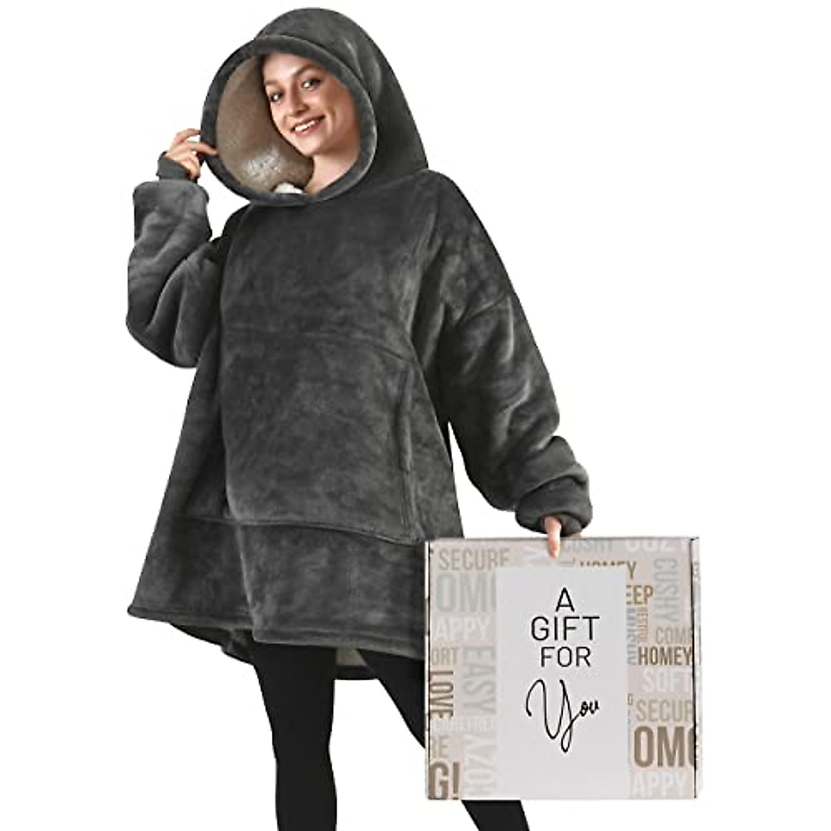 Wearable Blanket Hoodie Sweatshirts for Women Men and Teens, Oversized Hoodie Blanket with Sherpa Lining Comfy Hoodie Blanket with Pocket and Hood Cool Gifts for Women & Men (Grey)