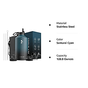 Coolflask 128 oz Gallon Water Bottle Insulated with Straw&3 Lids, Water Jug Large Stainless Steel Metal Vacuum Wide Mouth for Sports, Gym or Office, BPA-Free Keep Cold 48H Hot 24H, Samurai Cyan