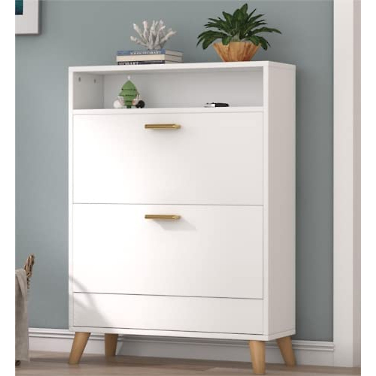 Gyfimoie Shoe Storage Cabinets, Free Standing Shoe Organizer with 2 Flip Drawers for Entryway, Narrow 3 Tier Entryway Hidden Shoe Rack with Doors (Off White)