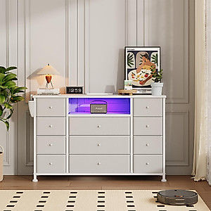 WODRAWER White Dresser with Power Outlets and LED Lights, Dresser for Bedroom with 11 Drawers, Dressers & Chests of Drawers with Side Pockets, Fabric Storage Organizer
