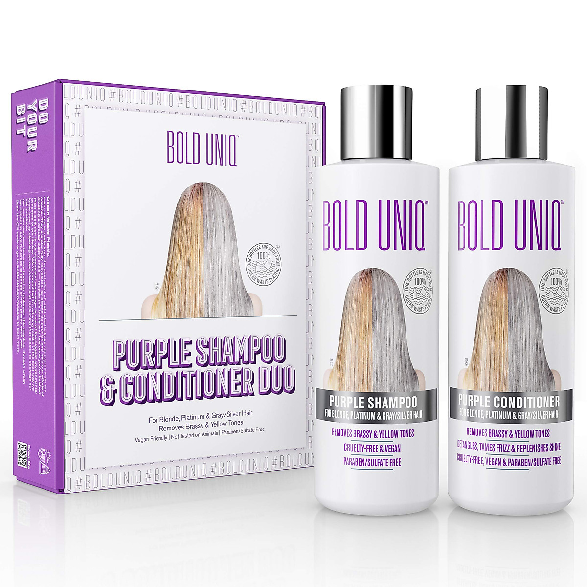 Bold Uniq Purple Toning Shampoo & Conditioner Set - For Blonde, Platinum, Ash, Bleached, Grey, Ash & Silver hair - Eliminates Brassy, Yellow Tones - Vegan, Paraben & Sulphate Free - 8 Fl Oz Each