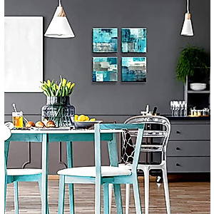 Abstract Wall Art Canvas Turquoise and Grey Abstract Art Painting Canvas Artwork Contemporary Wall Art for Bathroom Bedroom Living Room Kitchen Wall Decor 12" x 12" x 4 Pieces Canvas Prints