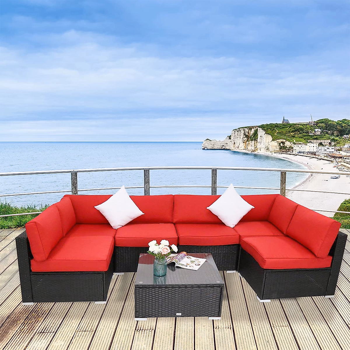 Kinfant Outdoor Patio Furniture Sofa - 7 PCs PE Black Wicker Sectional Sofa Sets with Glass Table and Cushions for Backyard, Pool (Red)