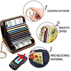 Yonlevres Credit Card Holder RFID Wallet, Sunflower Small Card Holder Wallet for Women with Keychain Zipper, Cute Leather Floral Credit Card Case Organizer Accordion Gift