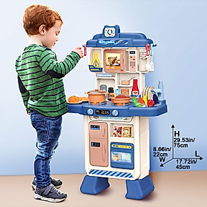 deAO Kitchen Playset Toy with Sounds and Lights, Role Playing Game Pretend Food and Cooking Playset for Kids,35 PCS Kitchen Accessories Set for 3 4 5 Years Old Girls Boys (Blue)