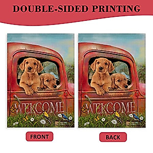 Covido Home Decorative Welcome Spring Dog Golden Retriever Garden Flag, Summer Red Truck Yard Puppy Outside Decoration, Outdoor Small Burlap Decor Double Sided 12x18