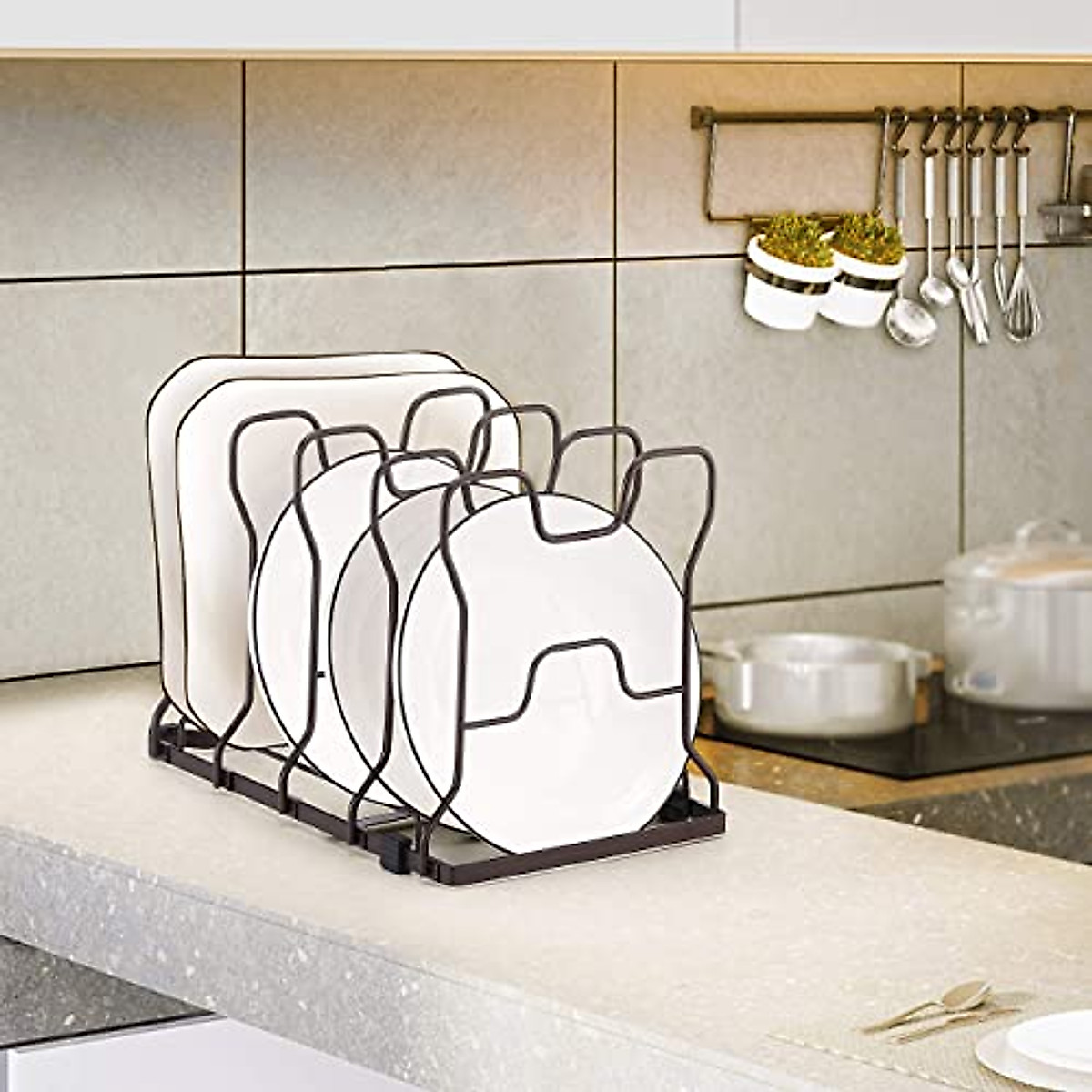 Simple Trending Adjustable Pan and Pot Lid Organizer Rack Holder, Kitchen Counter and Cabinet Organizer, Bronze