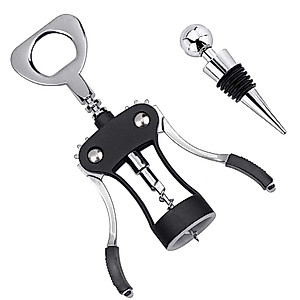 Foho Wine Opener, Multifunctional Wing Corkscrew Wine Bottle Opener for all Cork Stoppered and Beer Cap Bottles, Luxury Waiter Corkscrew with Stopper Set for Wine Enthusiast, Waiters - Black