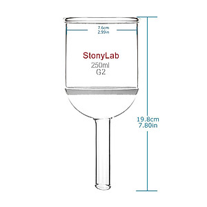 StonyLab Borosilicate Glass Buchner Filtering Funnel with Medium Frit (G2), 76mm Inner-Diameter, 80mm Depth (250ml)