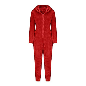 HUANKD Ropa Interior Femenina Sexy, Silk Slip Dress Women's Sleepwear Sexy Lengerie for Women, Women's Long Sleeved Hooded Plush Home Clothes, Pajamas, One-Piece Flip Buttons, Jumpsuits (XL, Red)