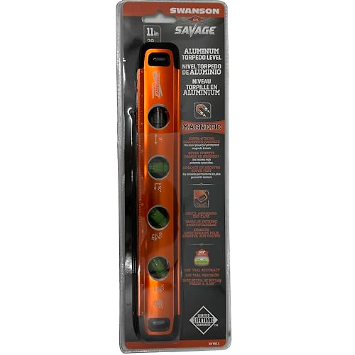 Swanson Tool Co SVT011 11-Inch Savage Aluminum Torpedo Level with Neodymium Magnets,Orange