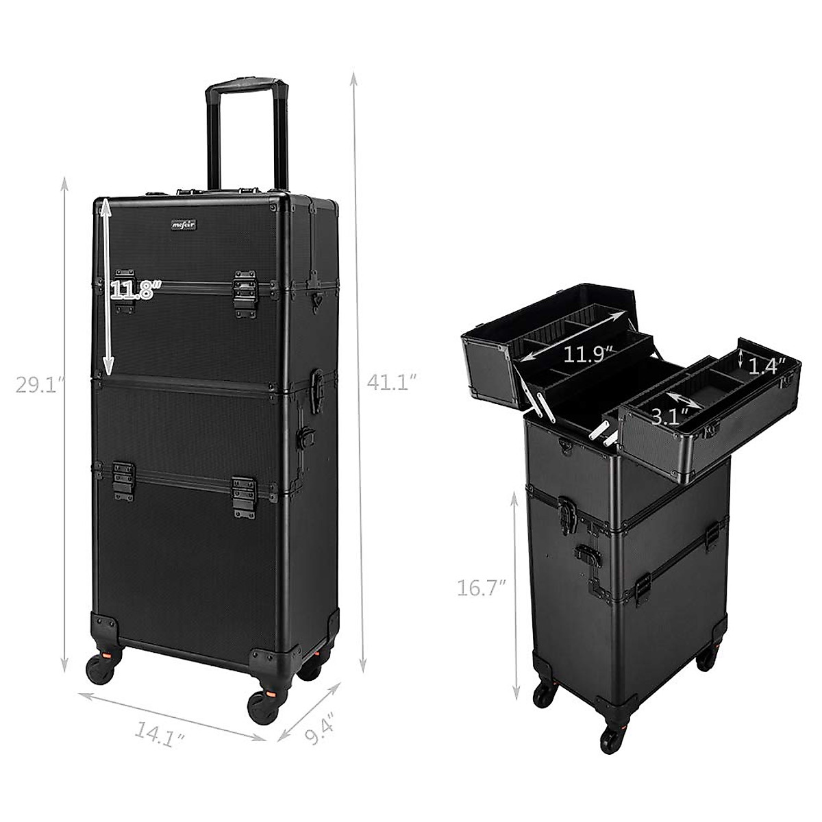 mefeir 2 in 1 Rolling Makeup Train Case, Travel Makeup Organizer Cosmetic Display Case, Aluminum Cosmetology Supply Suitcase on Wheels, Beauty Storage Luggage Lockable w/4 Removable Wheels (Black)