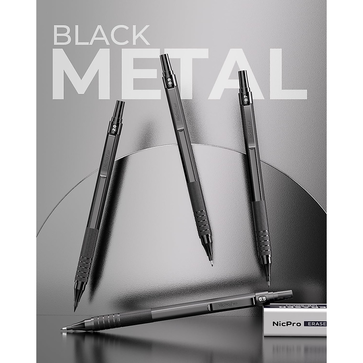 Nicpro 30PCS Black Metal Mechanical Pencil Set in Leather Case, Art Drafting Pencil 0.5, 0.7, 0.9 mm, 2mm Lead Pencil Holders for Sketching Drawing With 16 Tube (6B 4B 2B HB 2H 4H Colors)Lead Refills