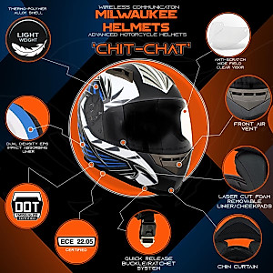 Milwaukee Helmets H512 Titanium and Blue Chit-Chat Black Full Face Motorcycle Helmet w/Intercom - Built-in Speaker and Microphone for Men/Women - Medium