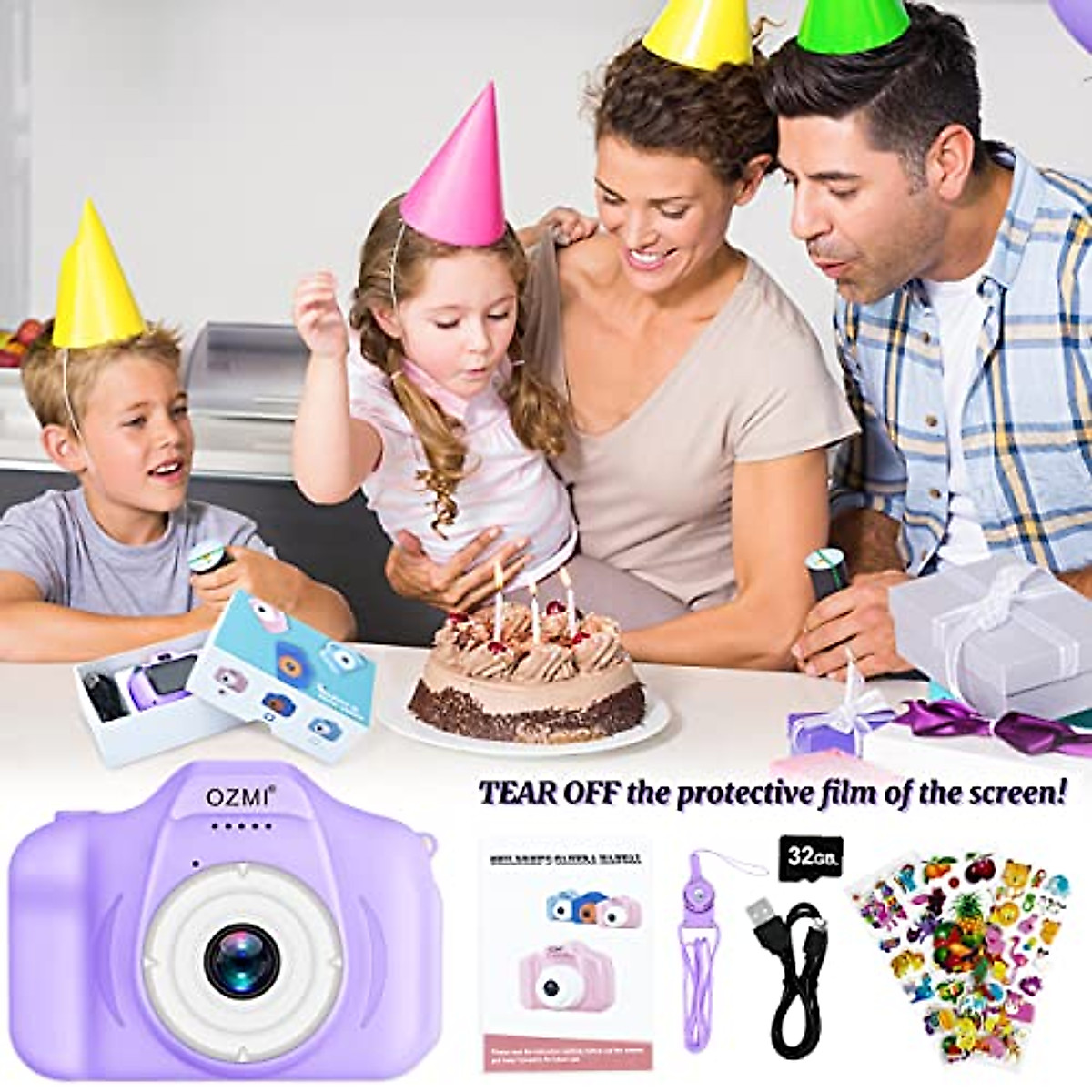 OZMI Upgrade Kids Selfie Camera, Christmas Birthday Gifts for Girls Age 3-9, HD Digital Video Cameras for Toddler, Portable Toy for 3 4 5 6 7 8 9 Year Old Girl with 32GB SD Card - Purple