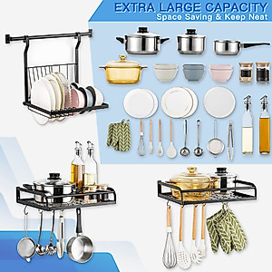 ETECHMART Hanging Pot Rack, 3 in 1 Wall Mounted Pan Holder with 10 Hooks, Heavy Duty Dish Rack Cookware Organizer, Kitchen Storage Shelf for Utensils, 2 Installation Way, Easy Assembly, Black