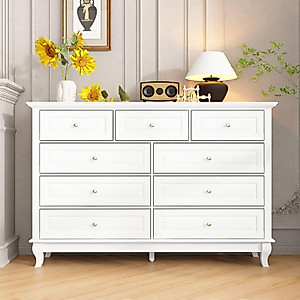 TAMUNE Chest of Drawers 9 Drawer Dresser for Bedroom, Modern White Dresser with Silver Knobs, Wide 9 Drawer Chest with Wood Legs for Bedroom Living Room, 15.7”D x 55.1”W x 37”H