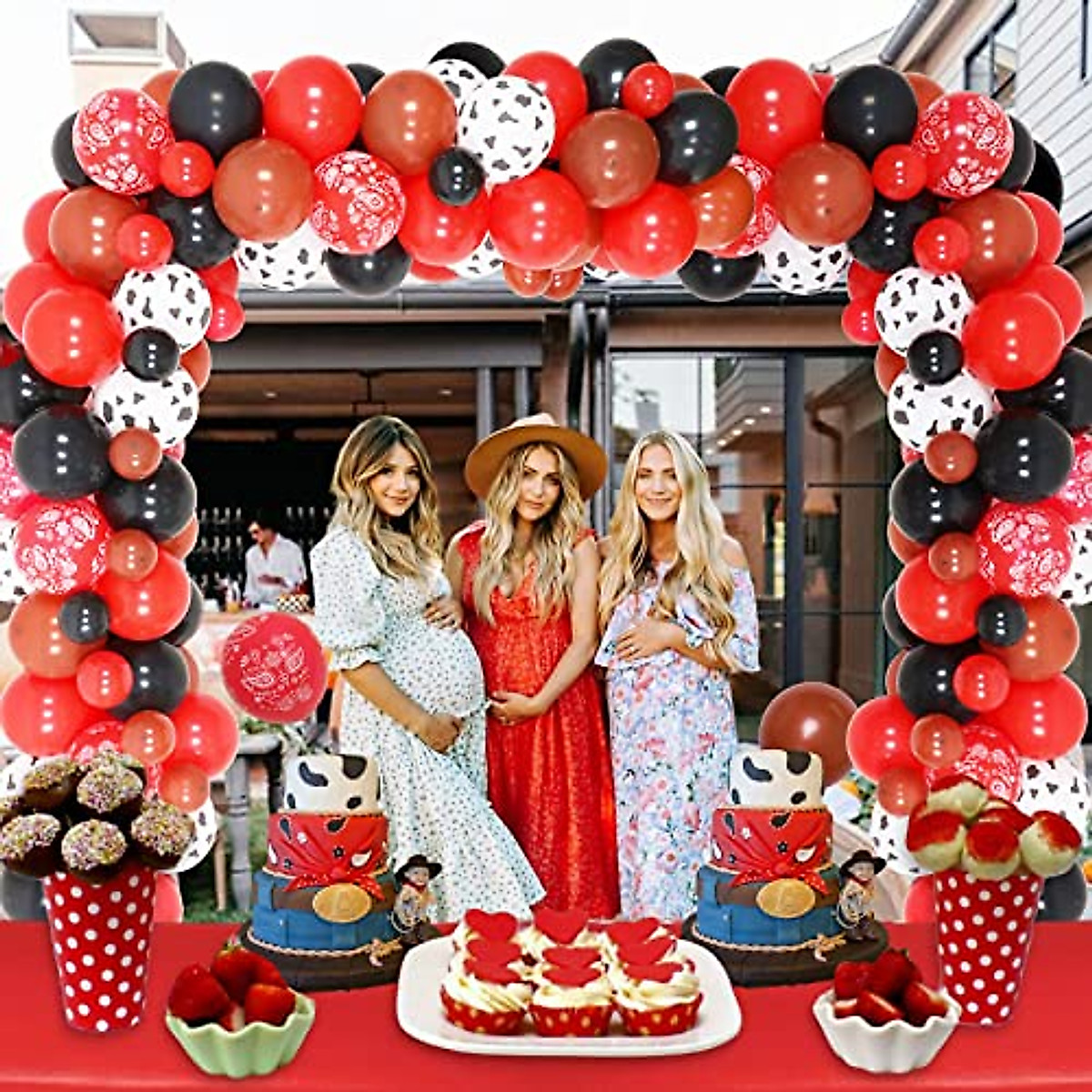 Western Cowboy Baby Shower Decorations for Boy, Red and Black Balloon Garland Arch Kit, A Little Cowboy Is on The Way Backdrop for Wild West Baby Shower Decorations