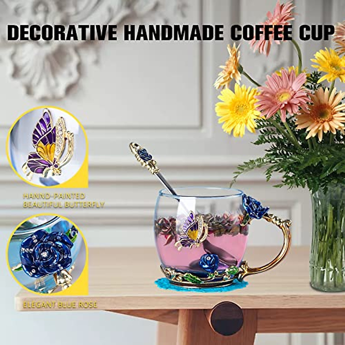 SHEEYEE Glass Coffee Mugs with Spoon, Enamel Butterfly Rose Flower Tea Cups with Decorative Handle Tea Sets for Women Gift 11 oz.(2 Sets)