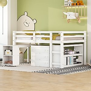 Low Full Loft Bed with Desk and Dresser Wood Kids Loft Beds Frame with Cabinet & Storage Shelves & Rolling Portable Desk for Juniors, Teen, Boys, Girls, Full Size,White