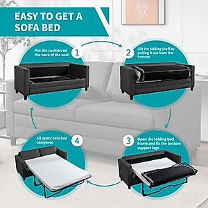 BALUS Faux Leather Pull Out Sofa Bed, 2-in-1 Queen Size Couch Bed with Fold Out Mattress, Modern Convertible Sleeper Sofa Couch, Leather Loveseat Futon Couches for Living Room-Dark Grey