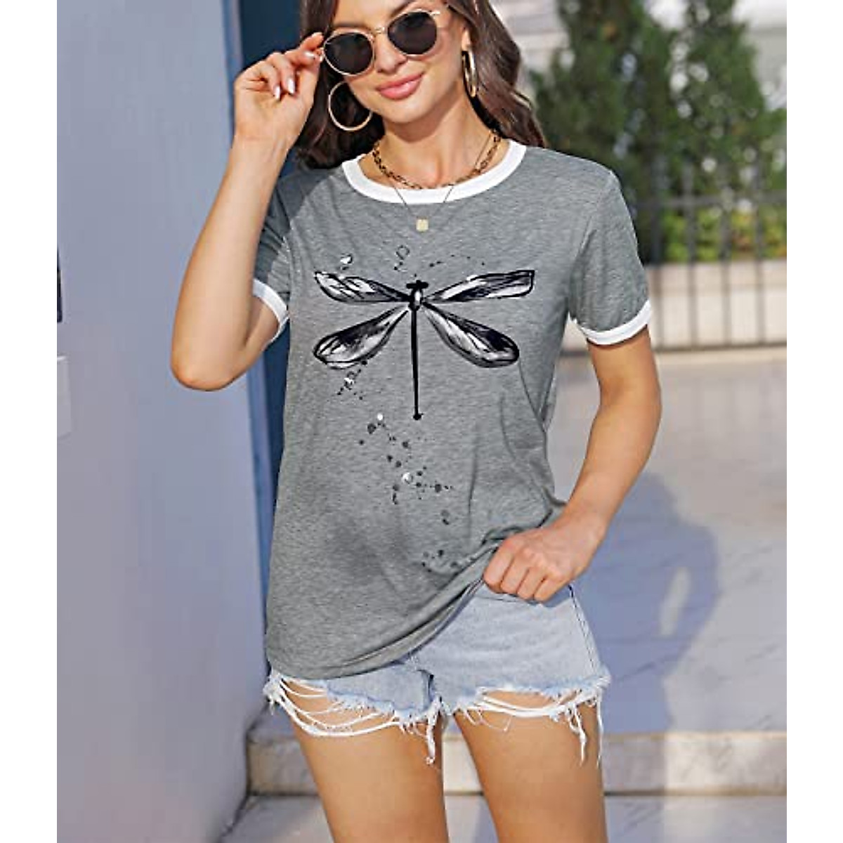 JNIFULI Women's Graphic Tees Casual Summer Funny Dragonfly Printed Short Sleeve Cute T Shirts Tops Grey