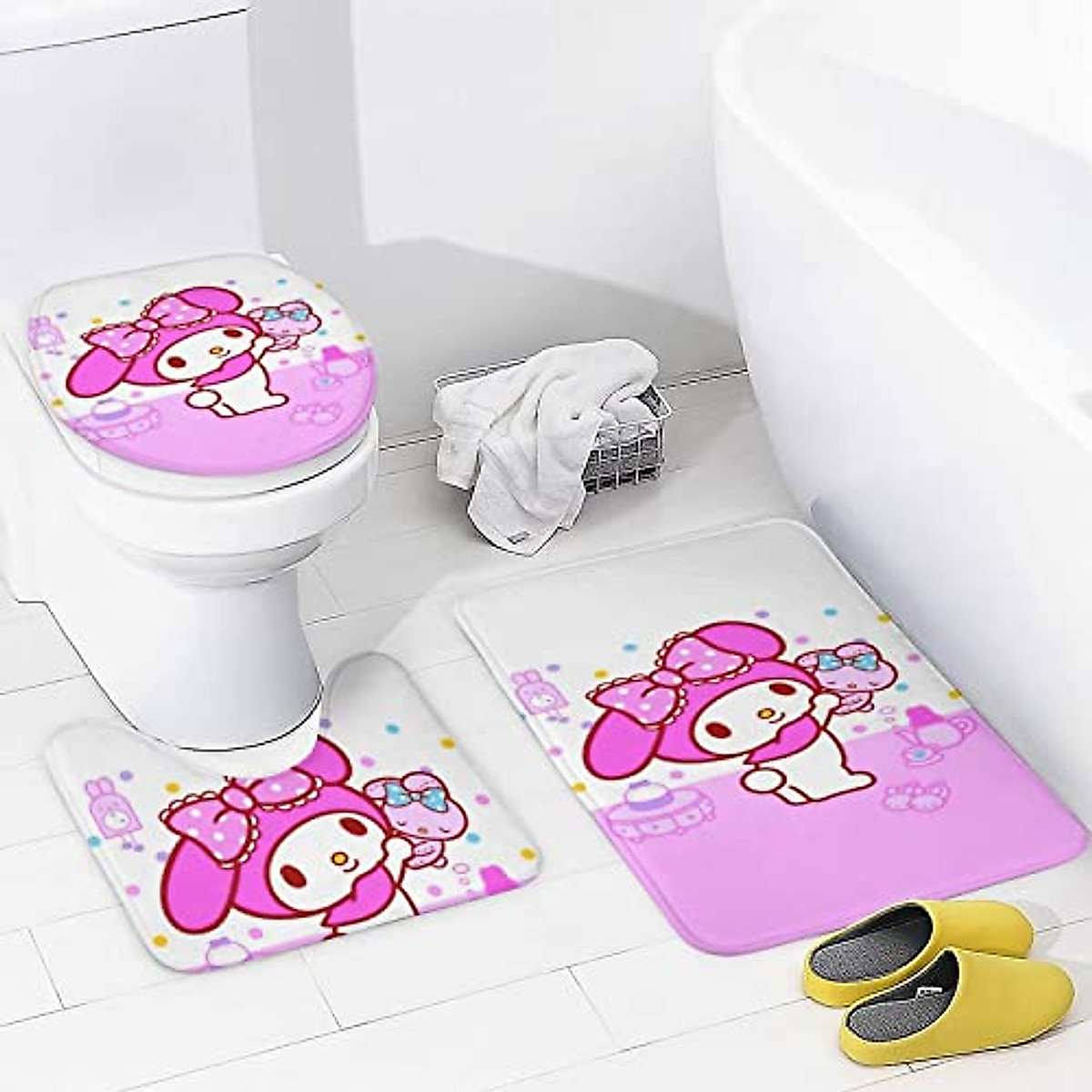 fmsnupz 4PCS Anime Shower Curtain Set, Cute Bathroom Decor with Non-Slip Rugs, Toilet Lid Cover and Bath Mat, Waterproof Fabric Shower Curtains with 12 Hooks, 70.8"x70.8"