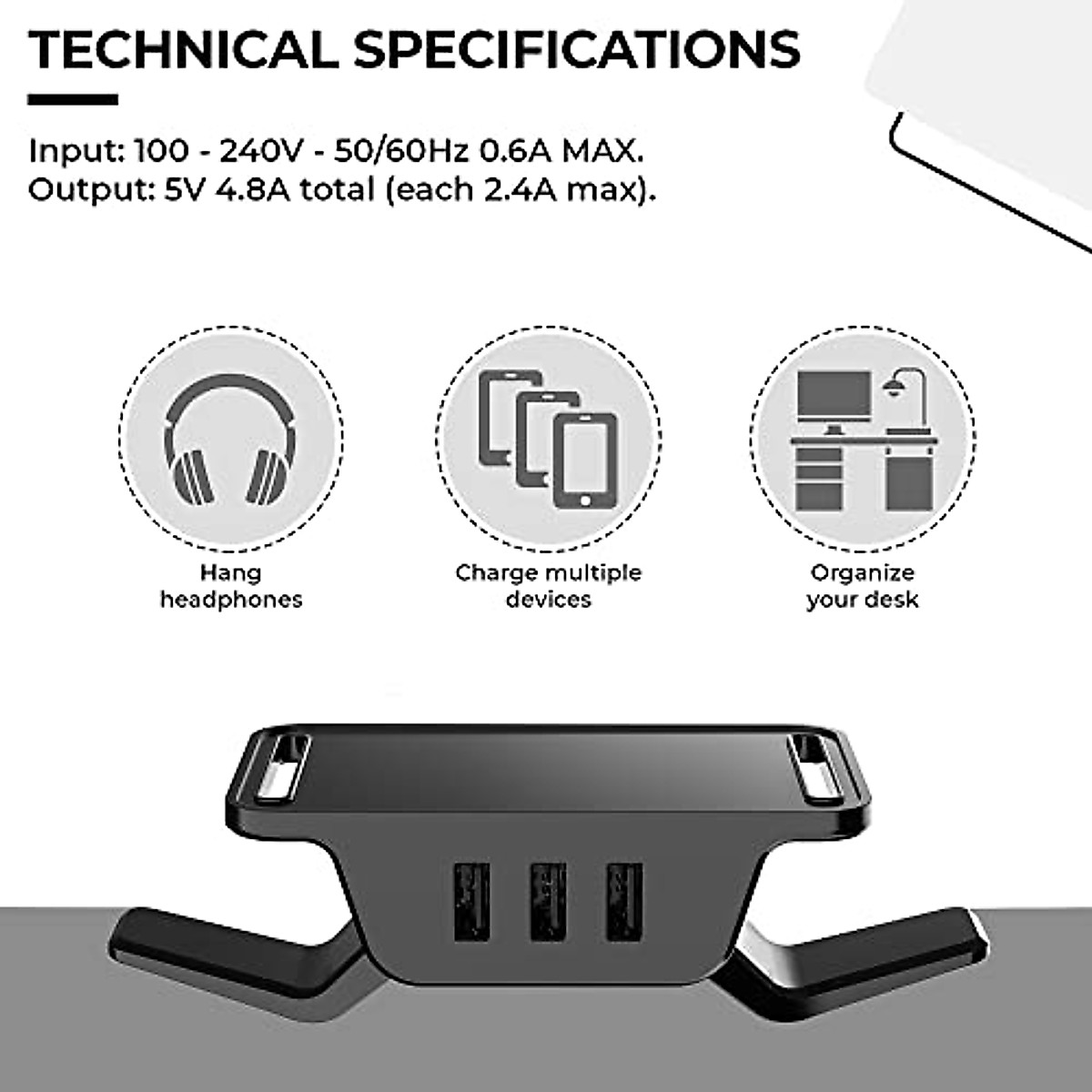 HumanCentric Hook and Charge Headphone Hanger with USB Charger, Under Desk Headphone Mount + Headphone Stand, Charge Accessories with 3 USB A Ports, Hook Headphones on Headset Holder Desk Hook, Black