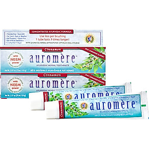 Auromere Ayurvedic Herbal Toothpaste, Cinnamon - Vegan, Natural, Non GMO, Fluoride Free, Gluten Free, with Neem & Peelu (3.57 oz), 2 Pack