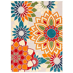 SAFAVIEH Cabana Collection 6'7" x 9' Ivory/Orange CBN328A Floral Indoor/ Outdoor Non-Shedding Easy-Cleaning Patio Backyard Porch Deck Mudroom Area-Rug