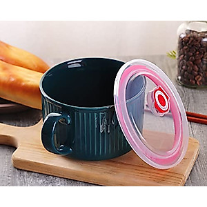 WHJY 30oz Ceramic Bowl with Lid and Handle for Soup and Instant Noodles Soup Mug, Modern Simple Style, with Heat Preservation Handle - Dark blue