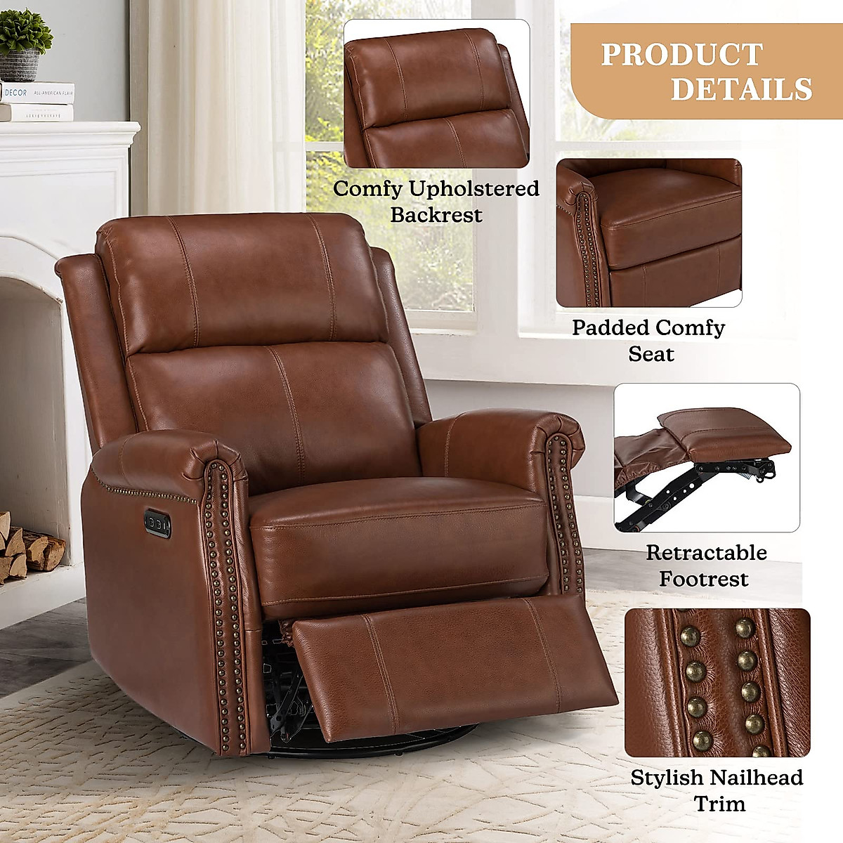 HULALA HOME Genuine Leather Power Recliner Chair with USB Port, Modern Electric Swivel Rocker Glider Recliner with Nailhead Trim & Metal Base- for Living Room Bedroom Home Theater, Brown