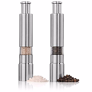 Salt and Pepper Grinder Set of 2,Stainless Steel Push Button Grinder Modern Design Thumb Grinder, for Black Pepper, Sea Salt and Himalayan Salt, Spice and Salt