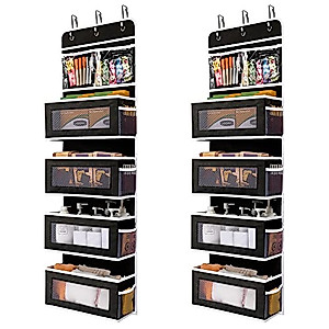 JARLINK 2 Pack 5-Shelf Over Door Hanging Organizer, Foldable Wall Mount 4 Big Pocket Storage with PVC Clear Window, Large Capacity Storage for Bedroom, Kitchen, Cosmetics, Toys, Sundries, etc (Black)
