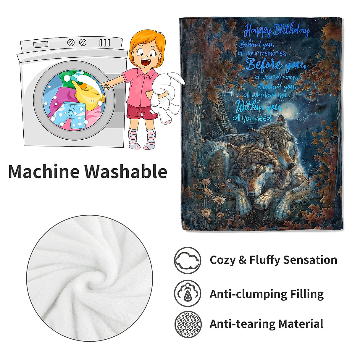 VODRM Birthday Gifts,Unique Best Gift Blanket 60x80in for Daughter Son,Wolf and Moon Blankets,Ideas for Boys Nephew Girls Niece Lightweight Throw,Happy Festival Party Room Decor