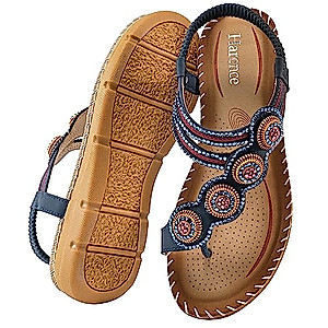 HARENCE Womens Sandals Comfortable Flats Shoes Summer Casual Elastic Ankle Strap Bohemian Beaded Flat Sandals for Women