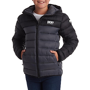 DKNY Boys Jacket – Midweight Insulated Quilted Outerwear Parka Puffer Coat – Water Resistant Boys Winter Hooded Jacket (8-20), Size 10-12, Charcoal/Black