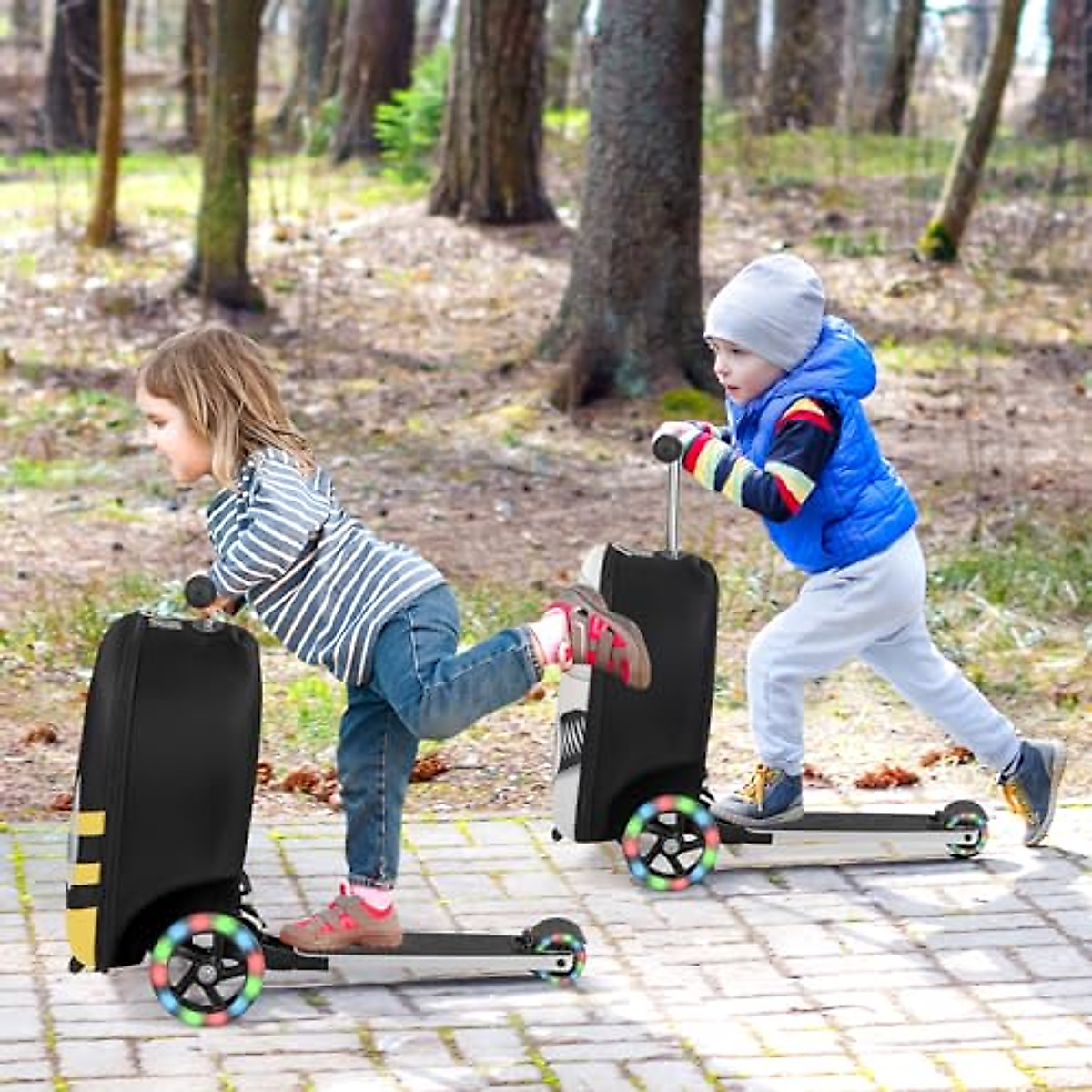 Goplus 2-in-1 Ride On Suitcase Scooter for Kids, Carry on Luggage with LED Flashing Wheels, Waterproof Shell, Retractable Steering Handle, Lightweight Folding Scooter for Boys Girls Travel (Bee)