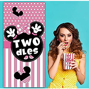 Twodles Cartoon Pink Black Mouse Dots Happy 2nd Birthday Banner Backdrop Background Backdrop Oh Twodles Theme Decor for Boy Girl Princess Birthday Party Baby Shower Supplies Favors Decorations